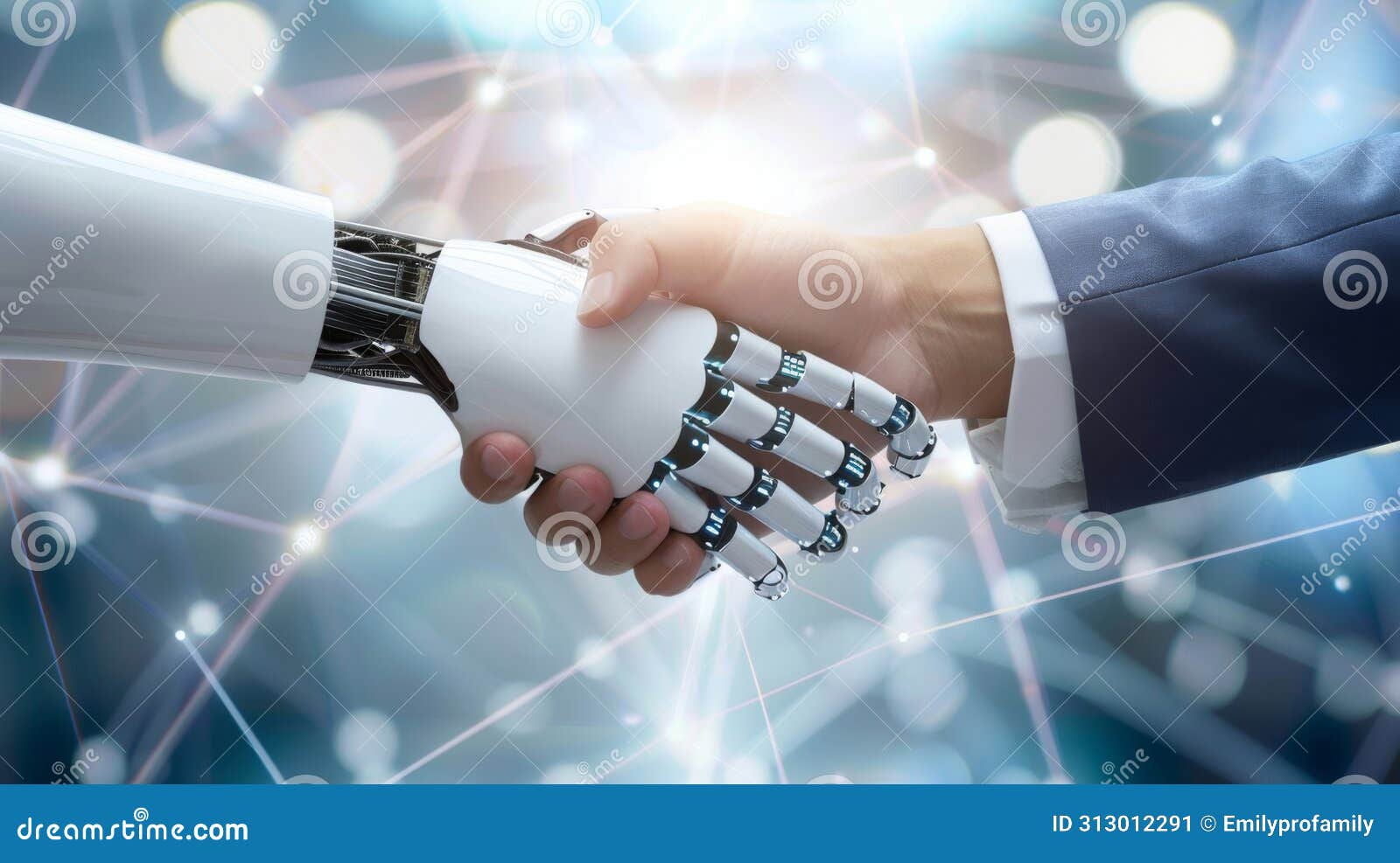 Handshake between Human and Robot Against a Network Background Stock ...
