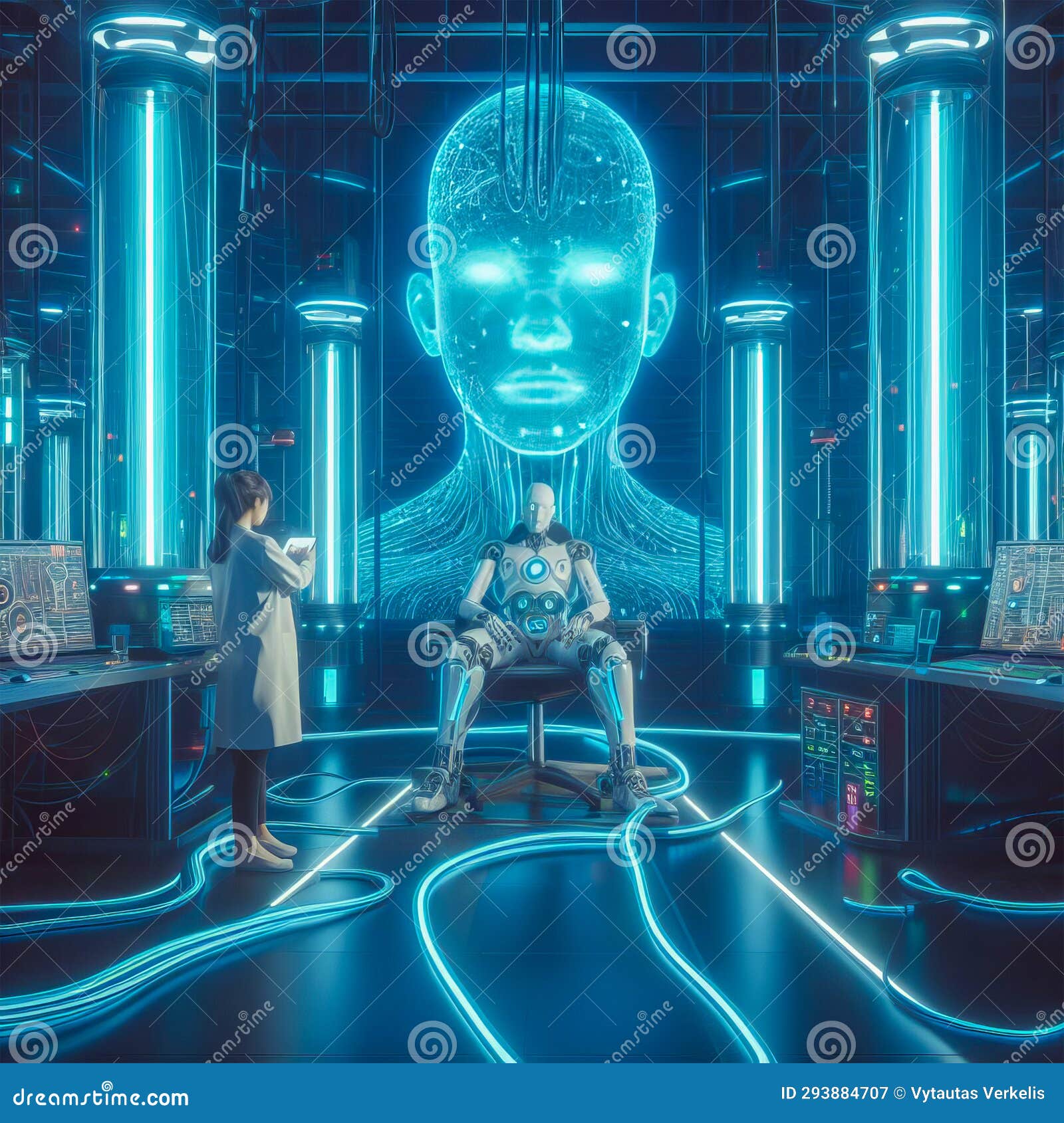 Robot and Human Explore Curiosity. Stock Illustration - Illustration of ...