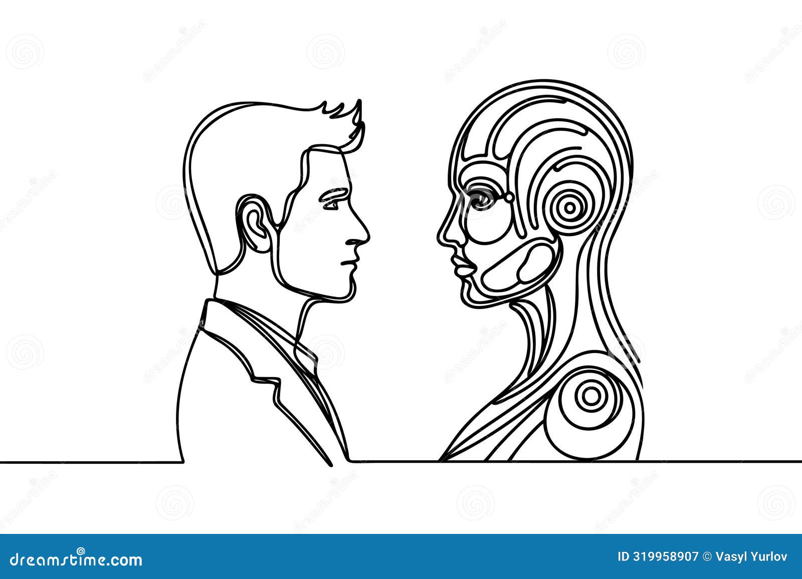 Robot and Human Face To Face Continuous One Line Drawing. Machine Vs ...