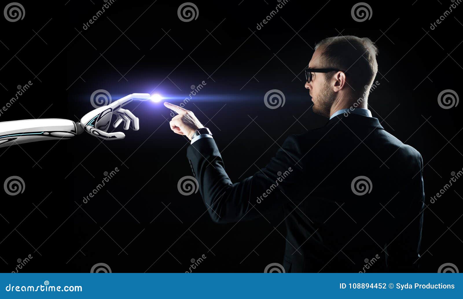 Robot and Human Hand Flash Light Over Black Stock Photo - Image of ...