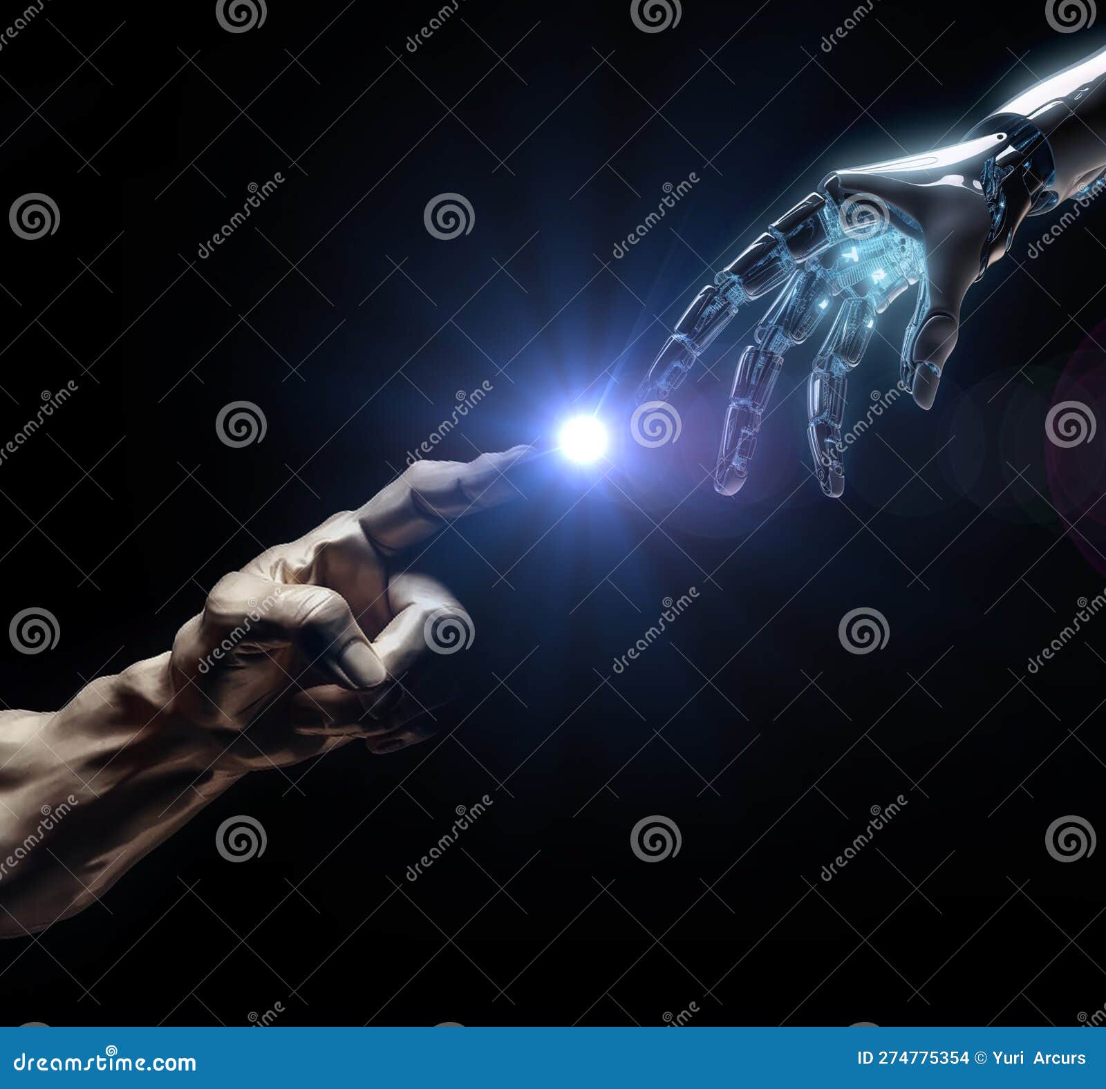 Robot, Human and Hand Touch with 3d Rendering and Dark Background with ...