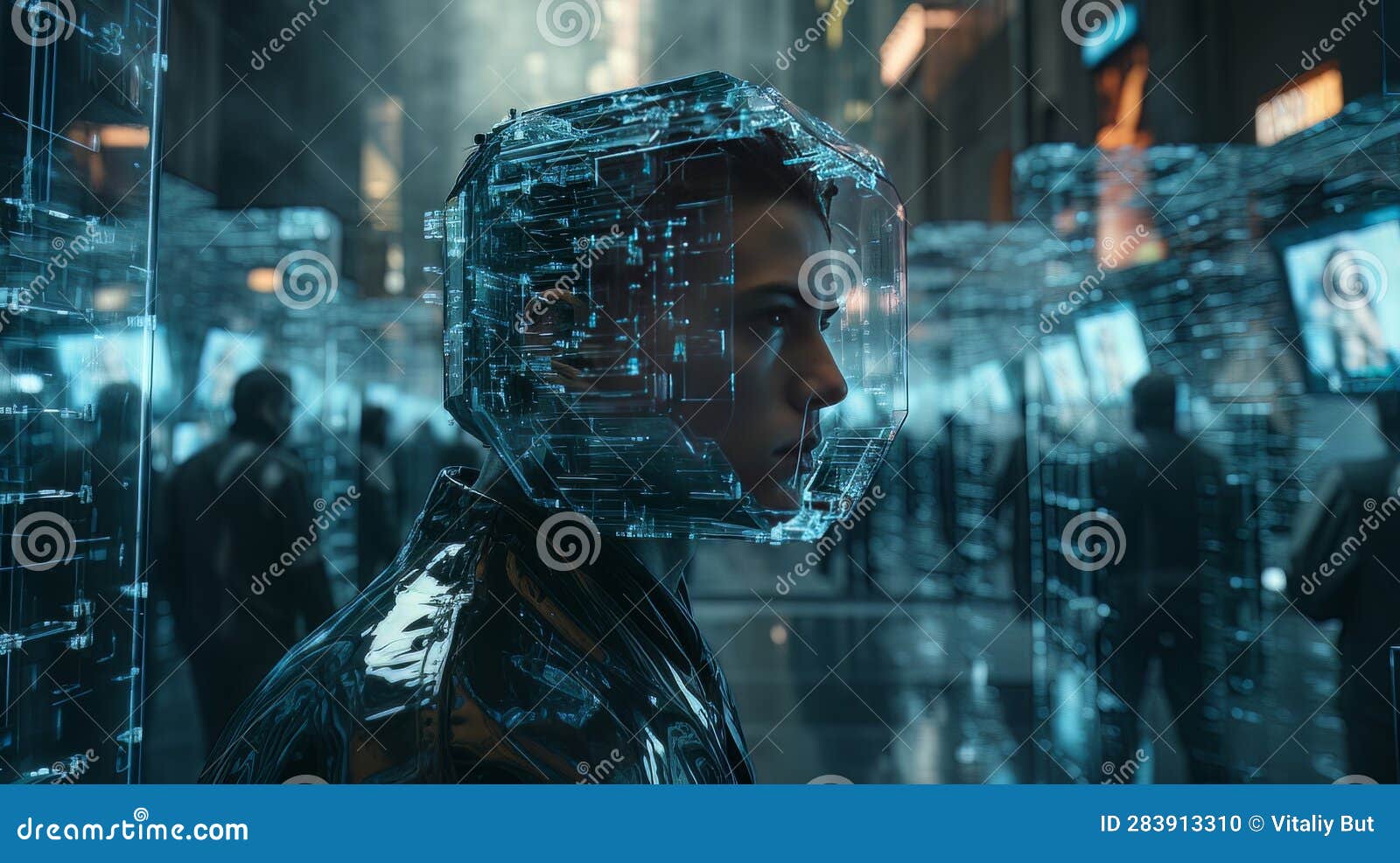 Robot with Human Man Face Sits at Computer in the Room with Monitors ...