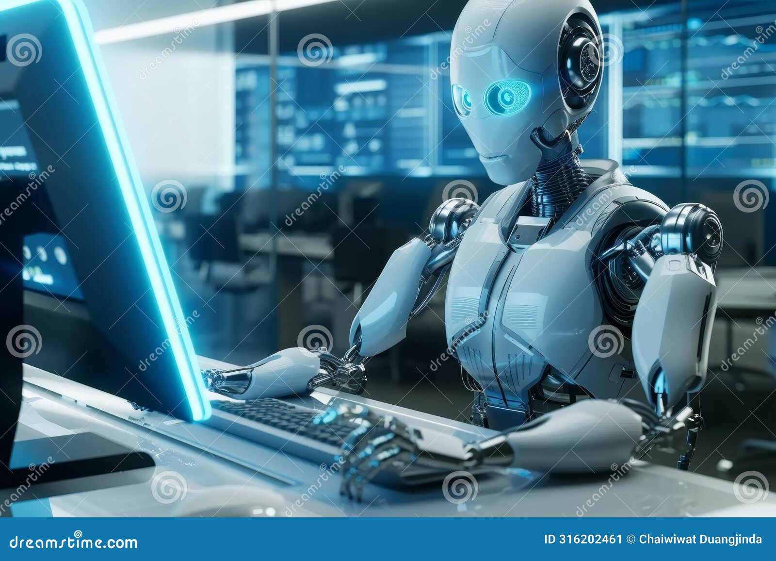 Robot Humanoid Android Cyborg with Artificial Intelligence Working at ...