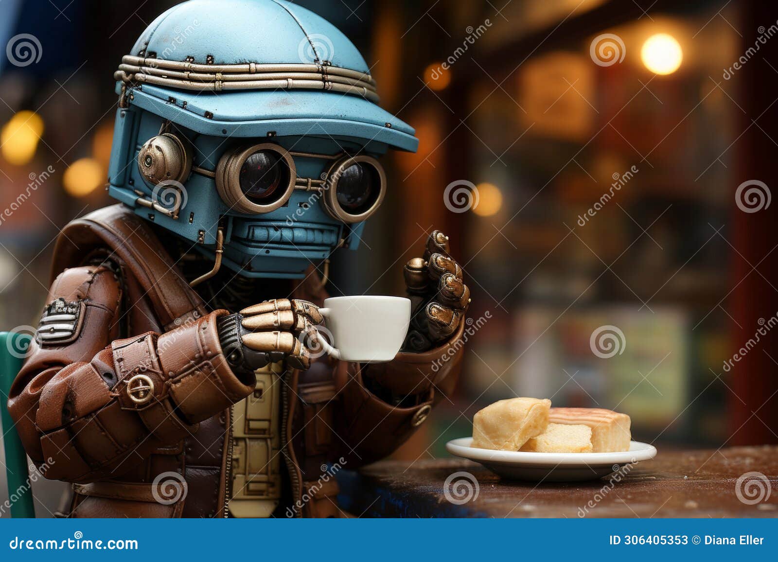 Robot Humanoid Drinking Coffee with Cakes Stock Illustration ...