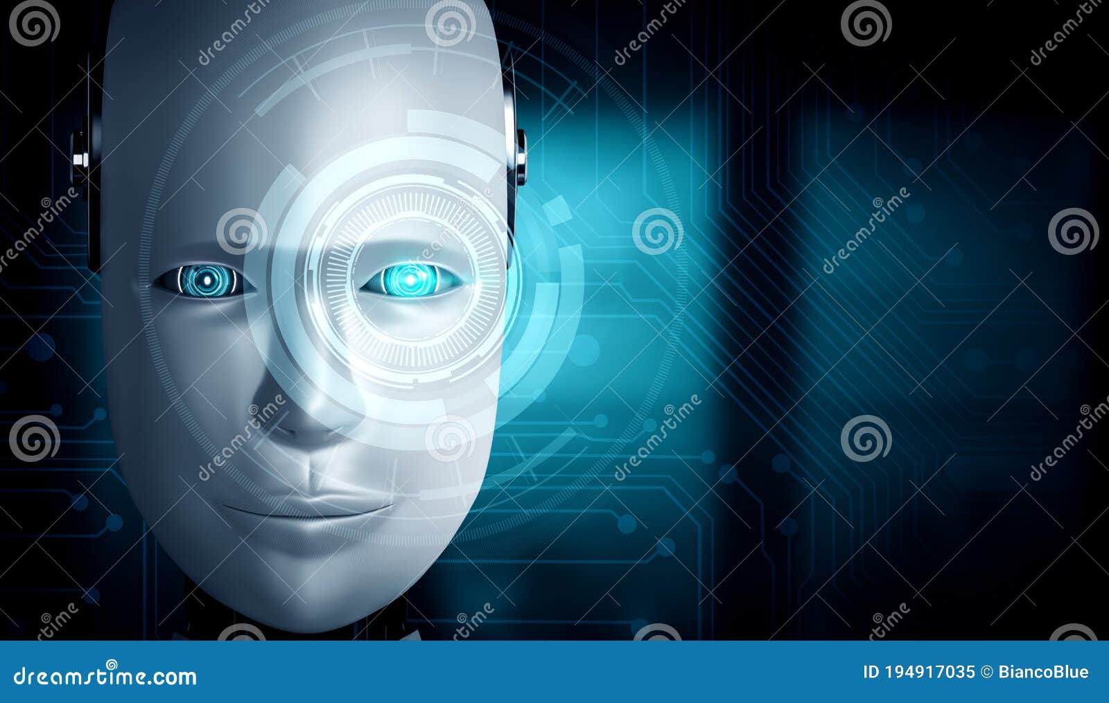 Robot Humanoid Face Close Up with Graphic Concept of AI Thinking Brain ...