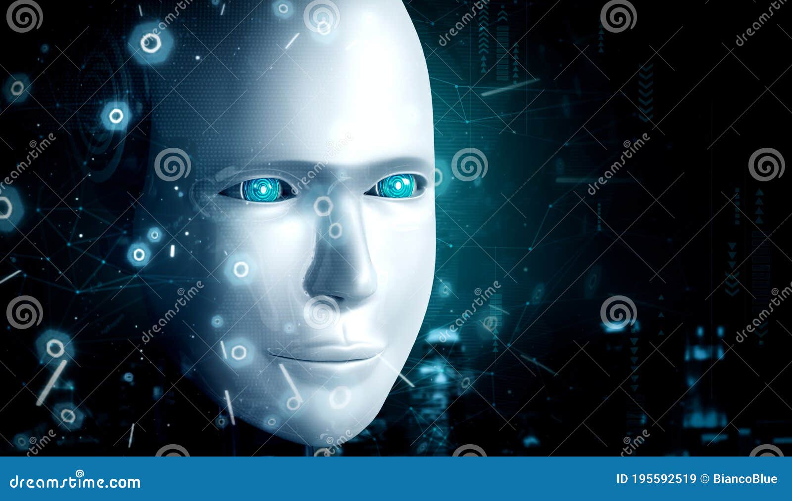 Robot Humanoid Face Close Up with Graphic Concept of AI Thinking Brain ...