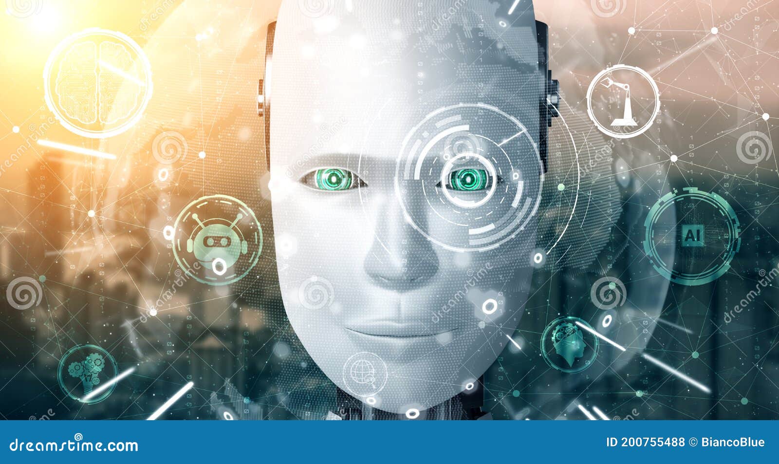 Robot Humanoid Face Close Up with Graphic Concept of AI Thinking Brain ...