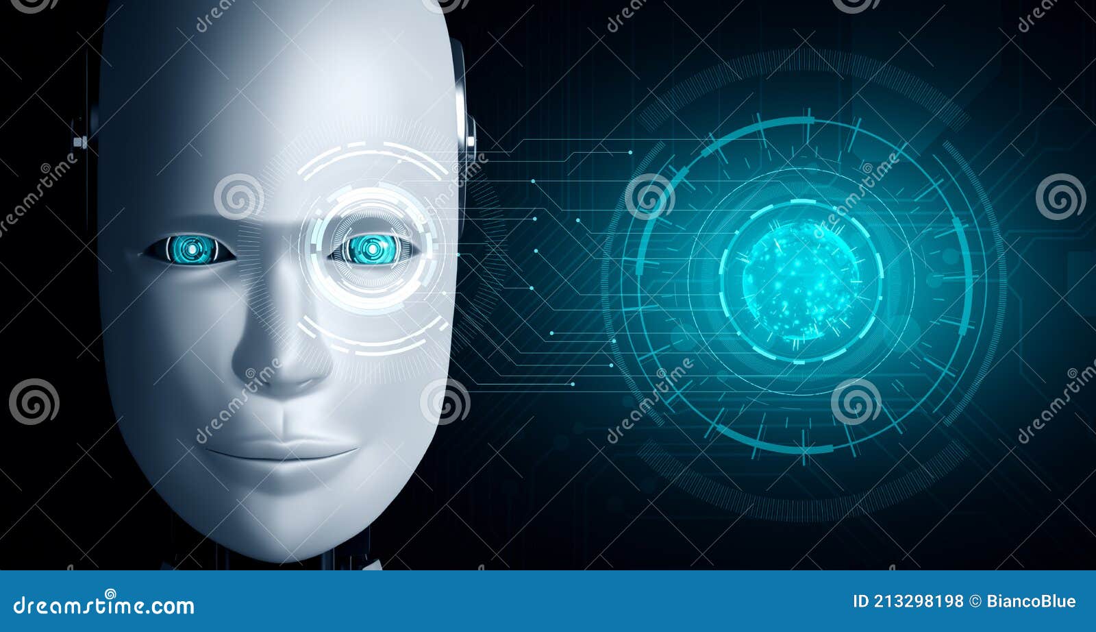 Robot Humanoid Face Close Up with Graphic Concept of AI Thinking Brain ...