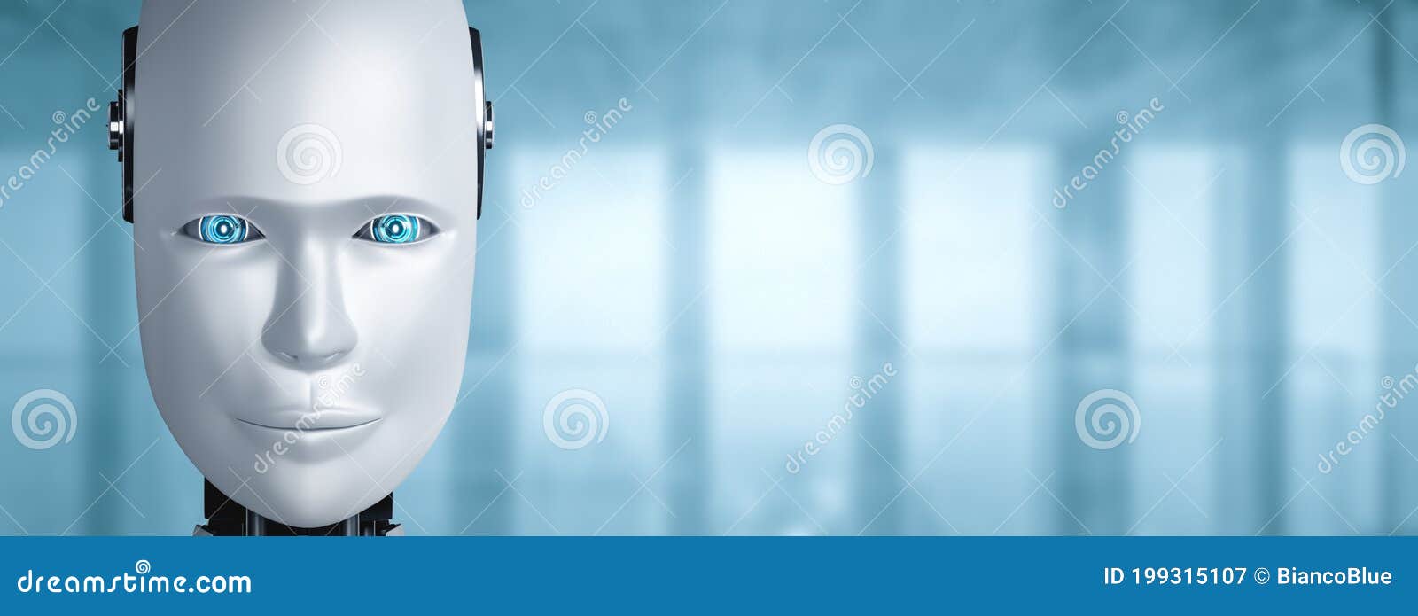 Robot Humanoid Face and Eyes Close Up View 3D Rendering Stock ...