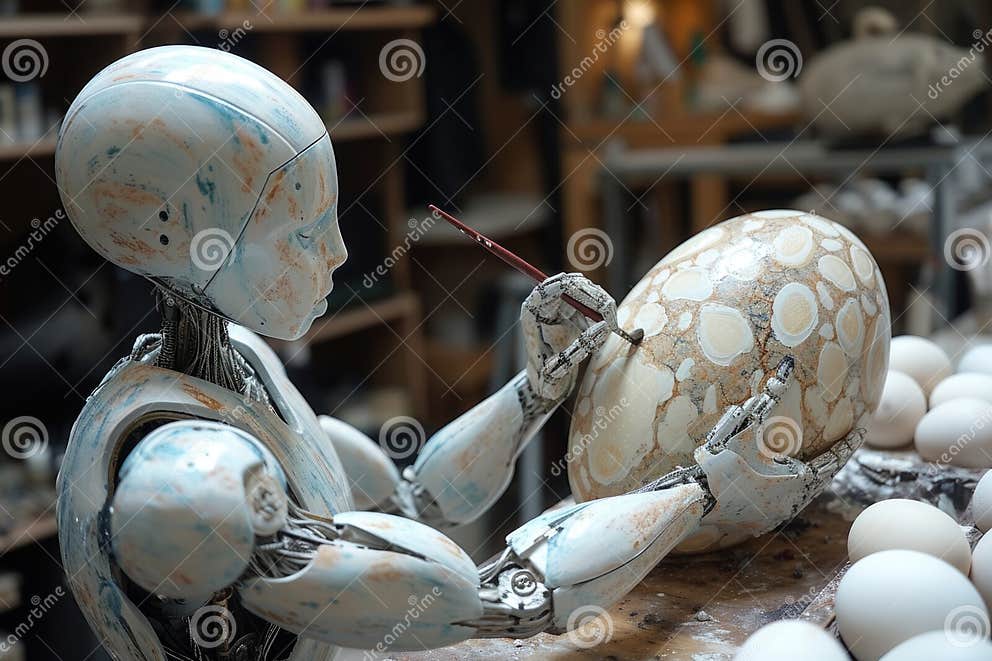 A Robot with a Humanoid Head Paints an Easter Egg, Standing at a Table ...