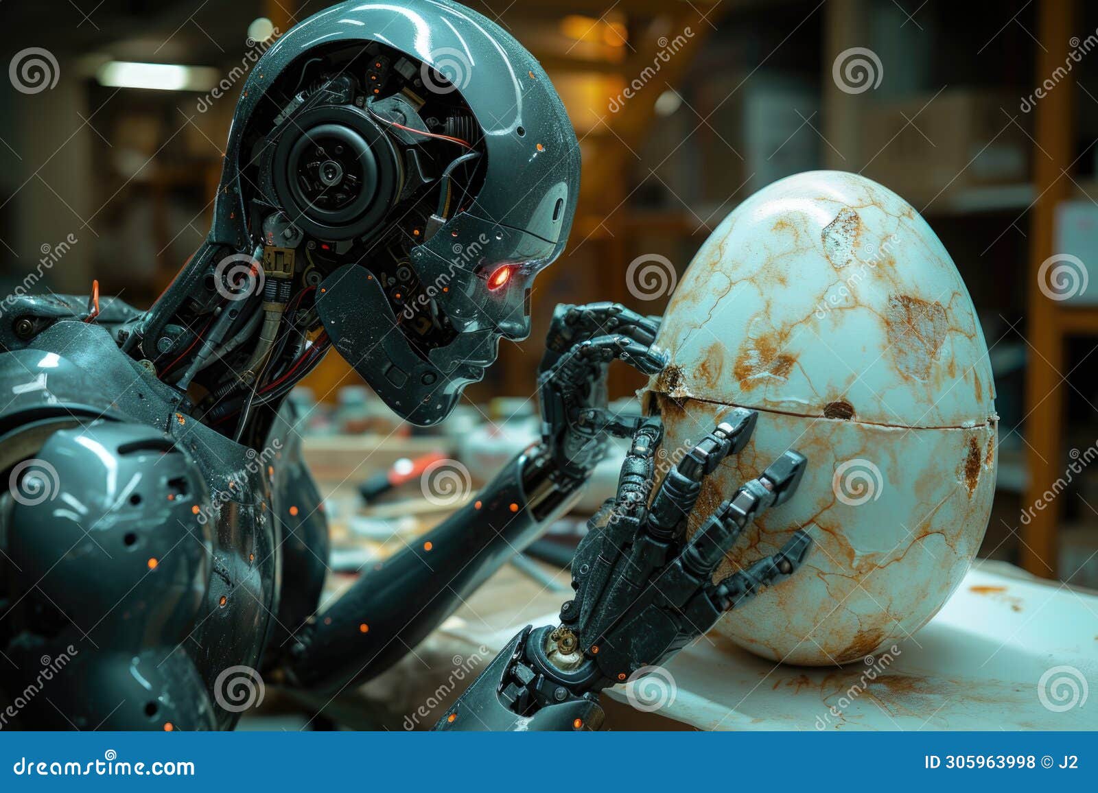 A Robot with a Humanoid Head Paints an Easter Egg, Standing at a Table ...