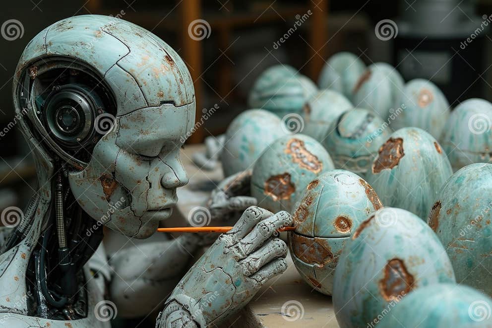 A Robot with a Humanoid Head Paints an Easter Egg, Standing at a Table ...