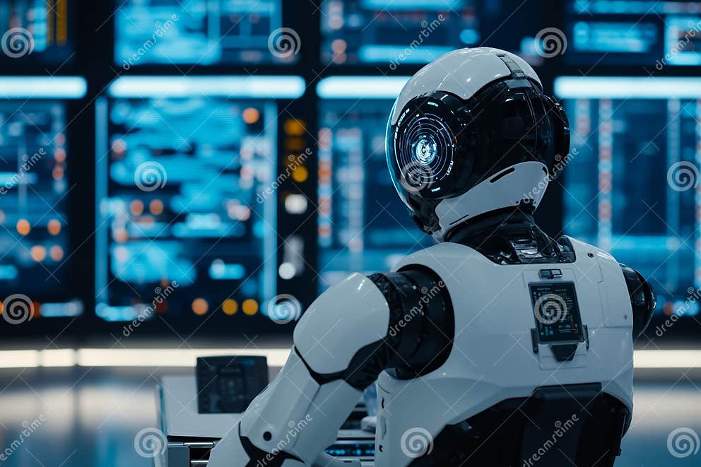A Robot Sitting at a Desk in Front of Multiple Monitors Stock Photo ...