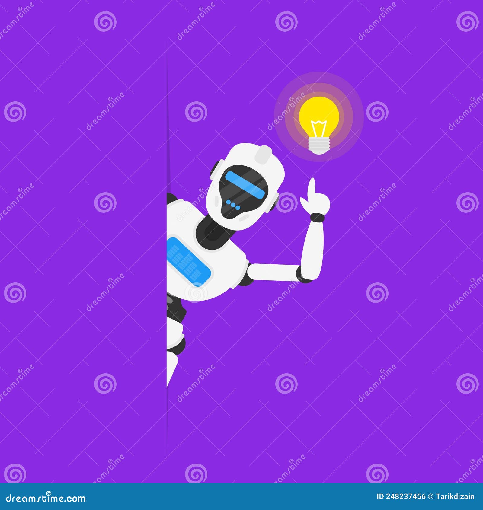 Robot Humanoid Look Out the Corner with Light Bulb Over the Head Stock ...