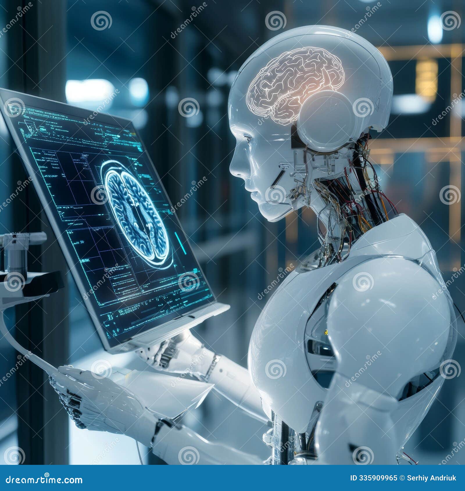 Robot Humanoid Looking at X-ray Scan of Human Brain in Medical ...