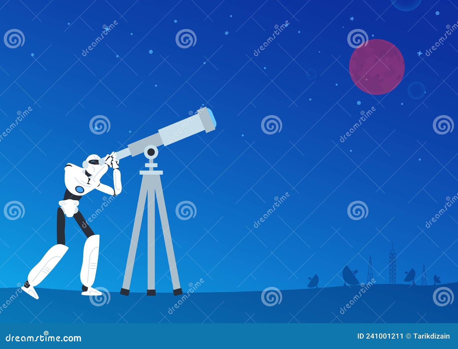 Robot Humanoid Looking through Telescope Night Sky Red Planet Space ...