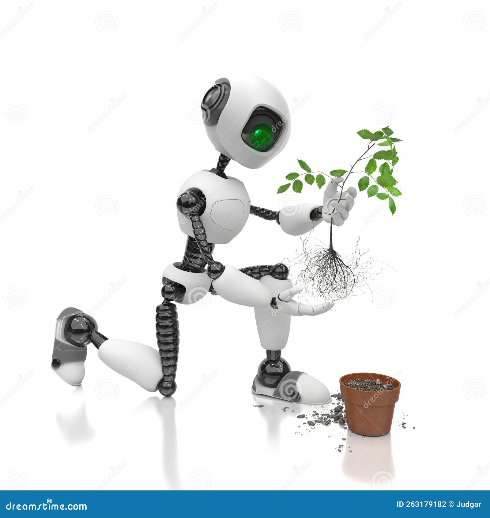 Robot Humanoid Plants a Seedling in a Flowerpot on a White Background ...