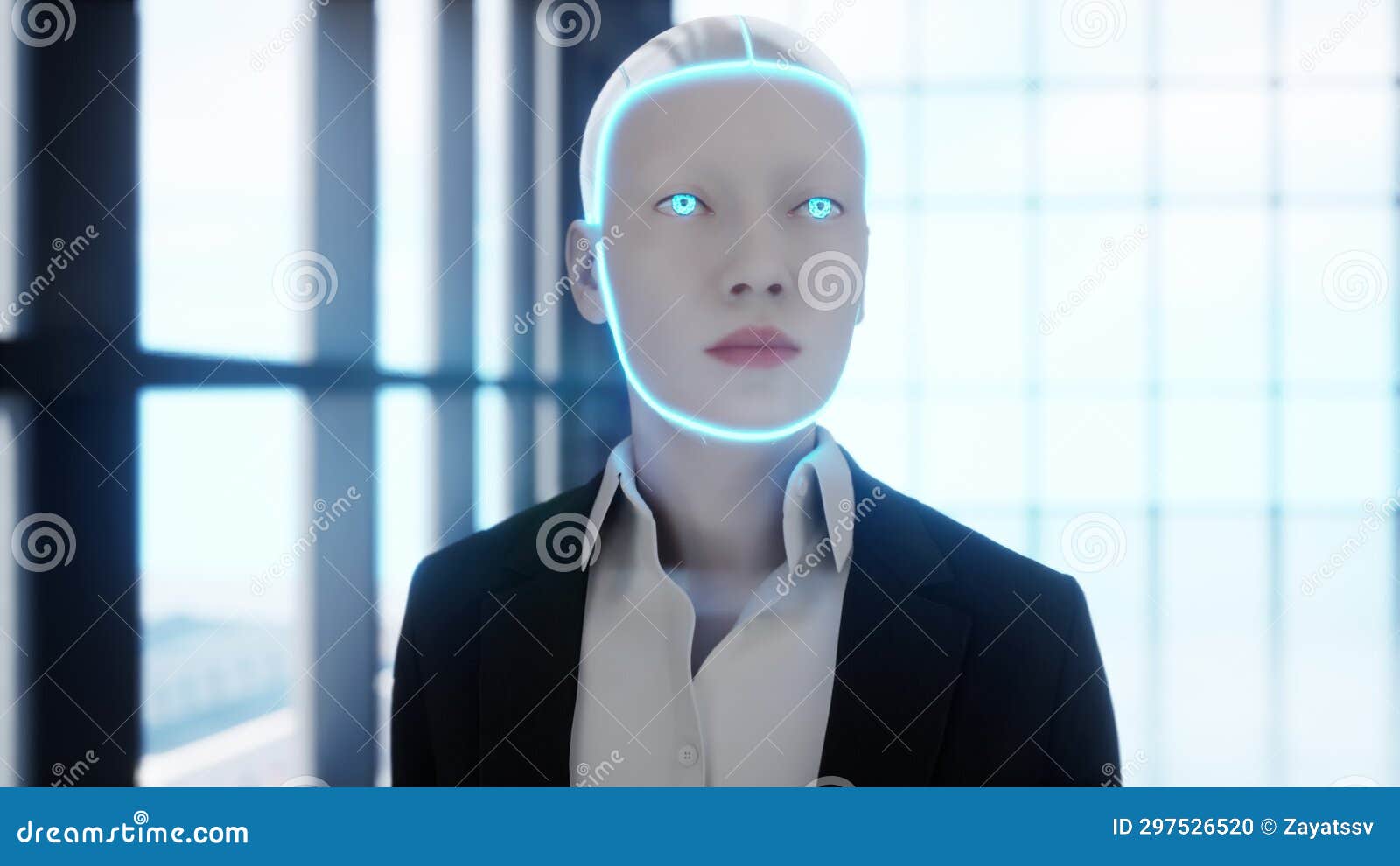 A Robot Humanoid Staying in the Empty Office and Looking Out the Window ...