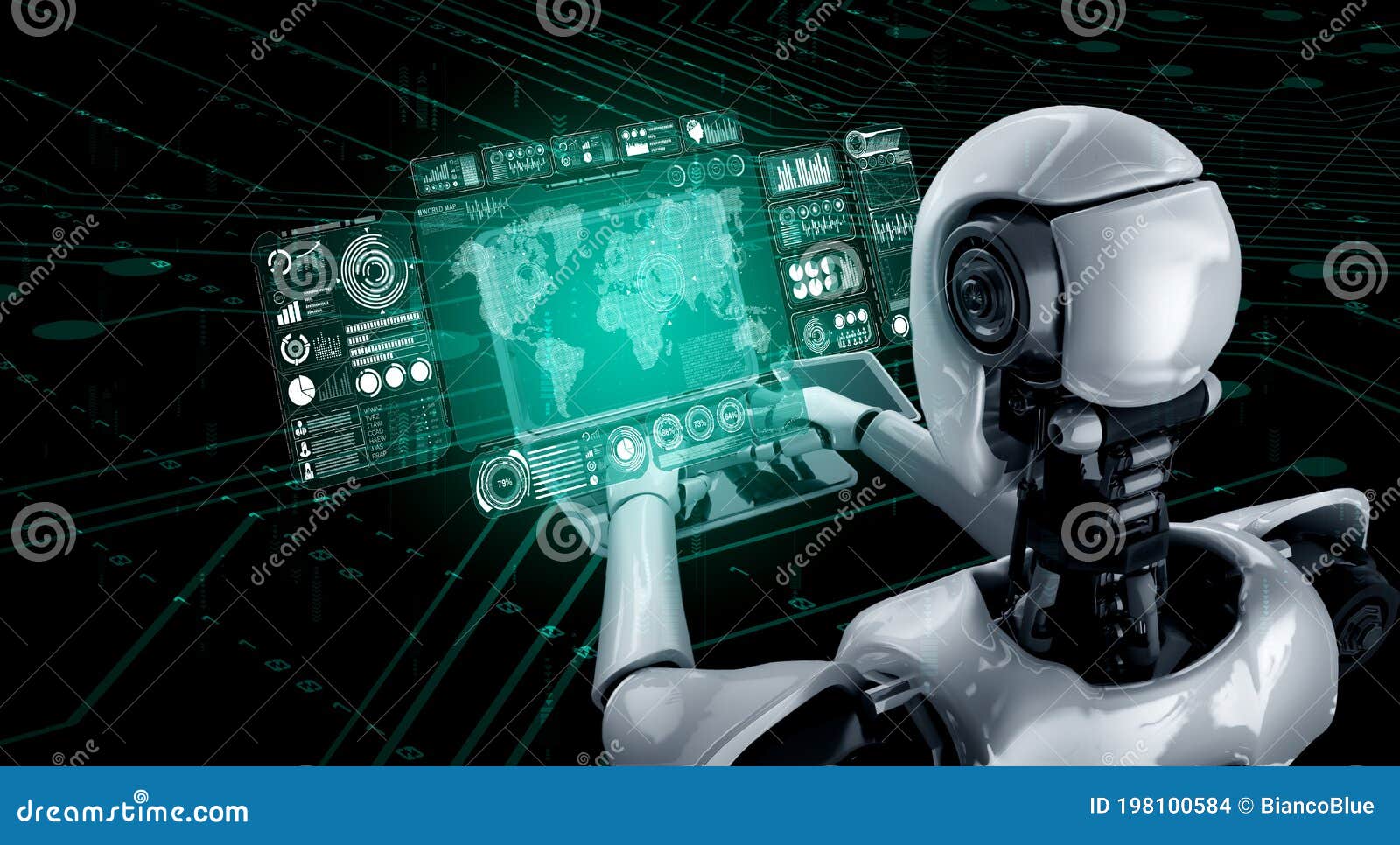 Robot Humanoid Use Laptop and Sit at Table for Big Data Analytic Stock ...