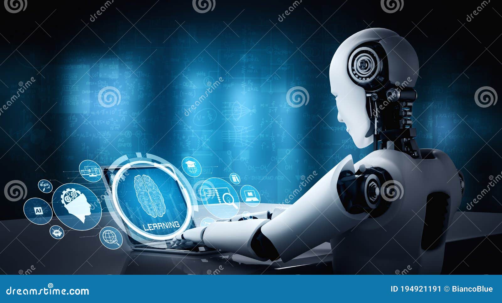 Robot Humanoid Use Laptop And Sit At Table In Concept Of AI Thinking ...