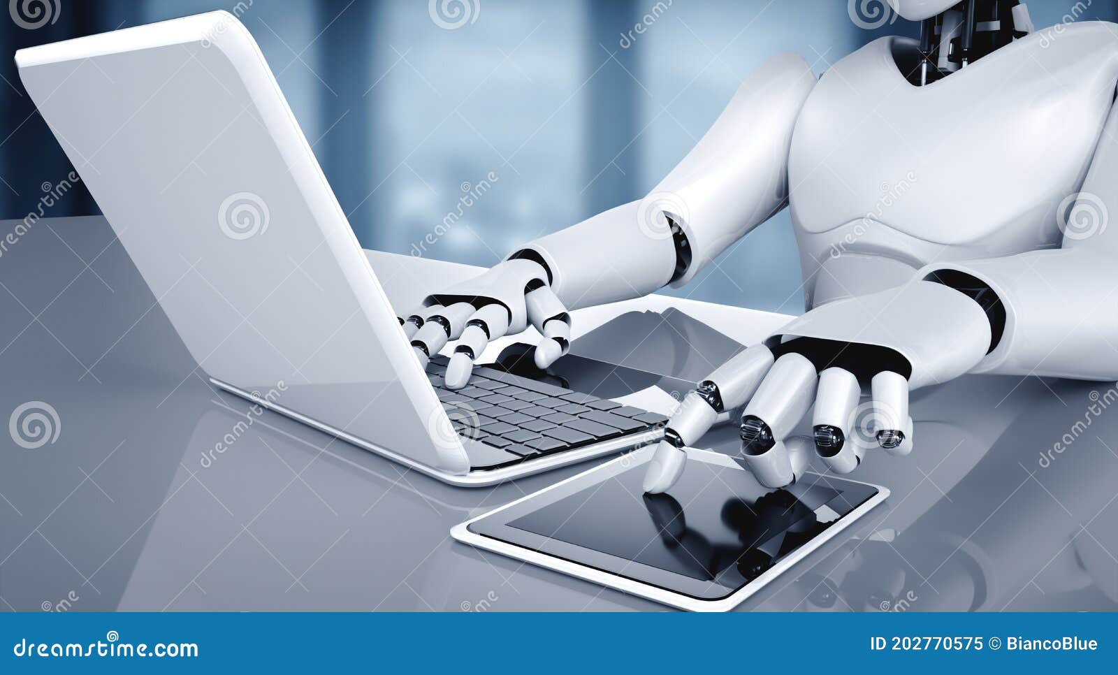 Robot Humanoid Use Laptop and Sit at Table in Future Office Stock ...