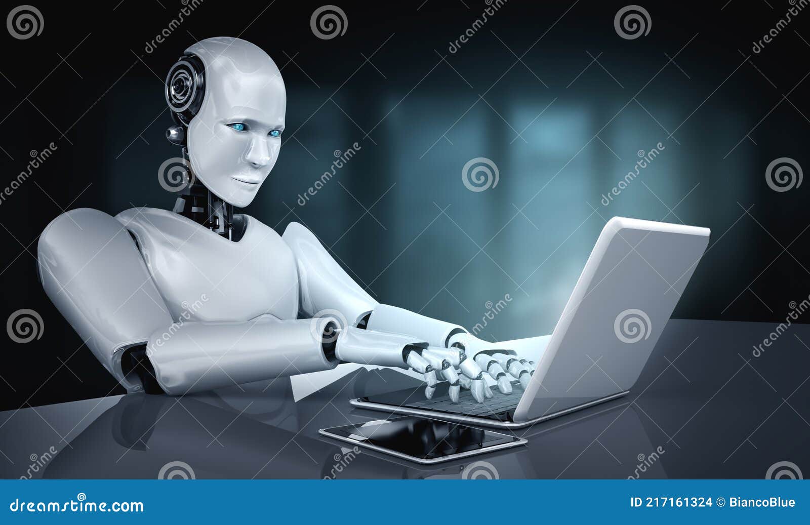Robot Humanoid Use Laptop and Sit at Table in Future Office Stock ...