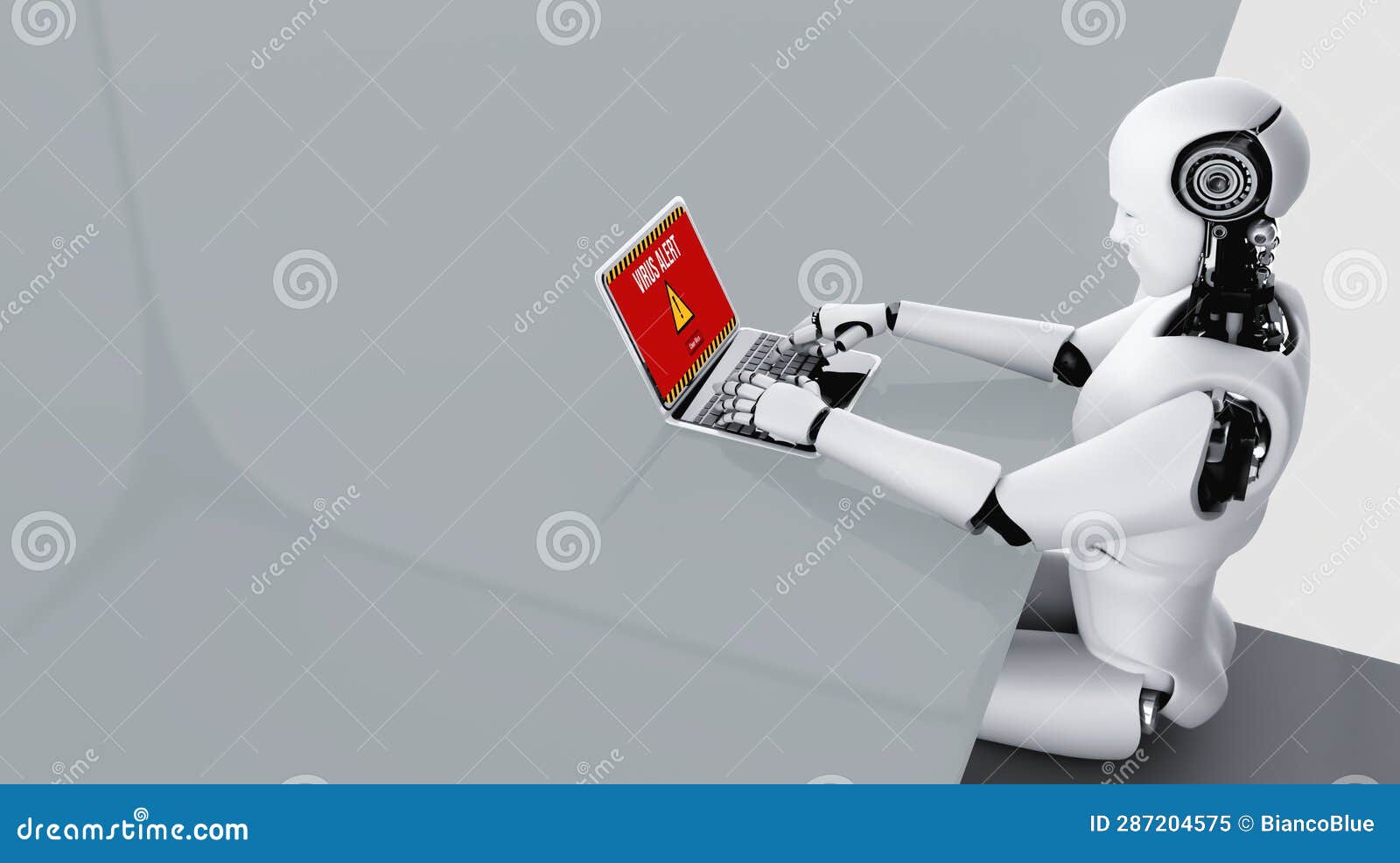 Robot Humanoid Use Laptop and Sit at Table in Future Office Stock ...