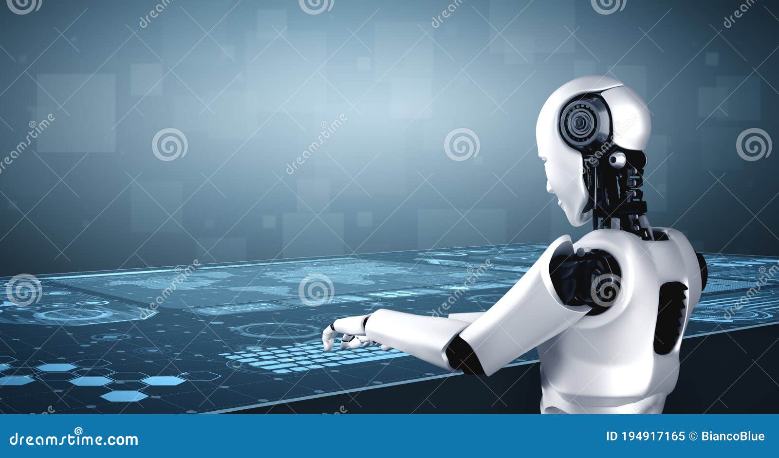 Robot Humanoid Use Laptop and Sit at Table in Future Office Stock ...