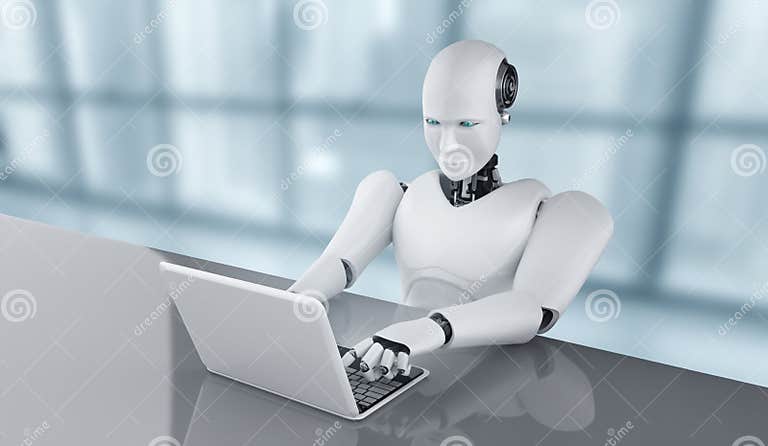 Robot Humanoid Use Laptop and Sit at Table in Future Office Stock ...