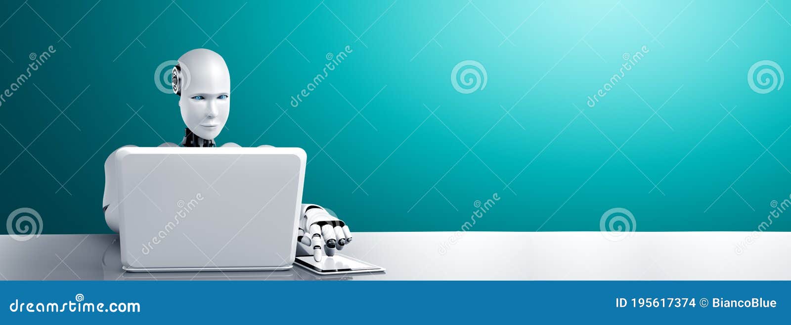 Robot Humanoid Use Laptop and Sit at Table in Future Office Stock ...