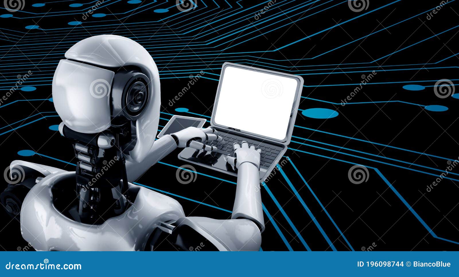 Robot Humanoid Use Laptop and Sit at Table in Future Office Stock ...