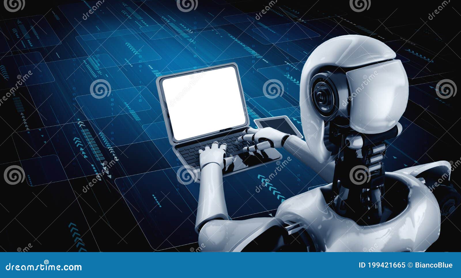 Robot Humanoid Use Laptop and Sit at Table in Future Office Stock ...