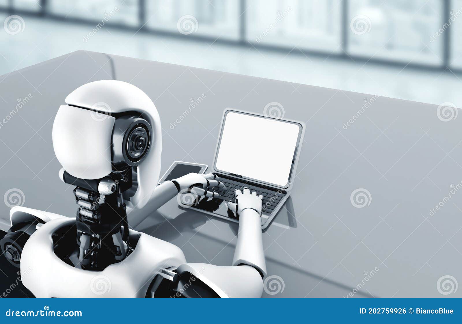 Robot Humanoid Use Laptop and Sit at Table in Future Office Stock ...