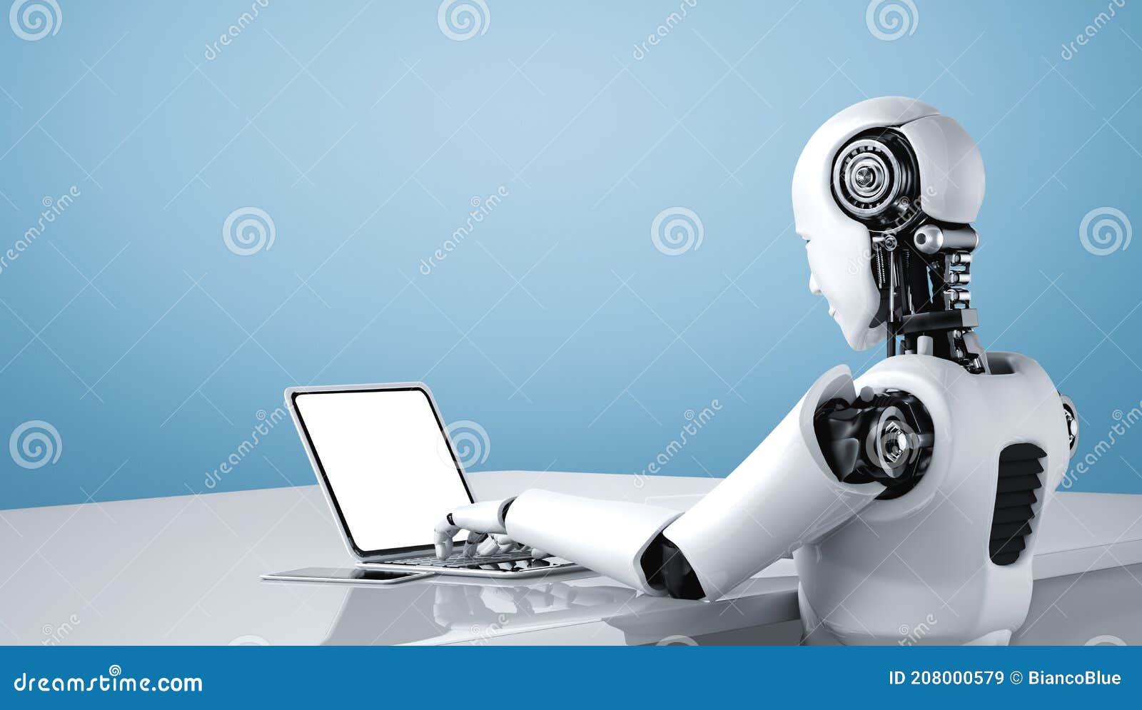 Robot Humanoid Use Laptop and Sit at Table in Future Office Stock ...