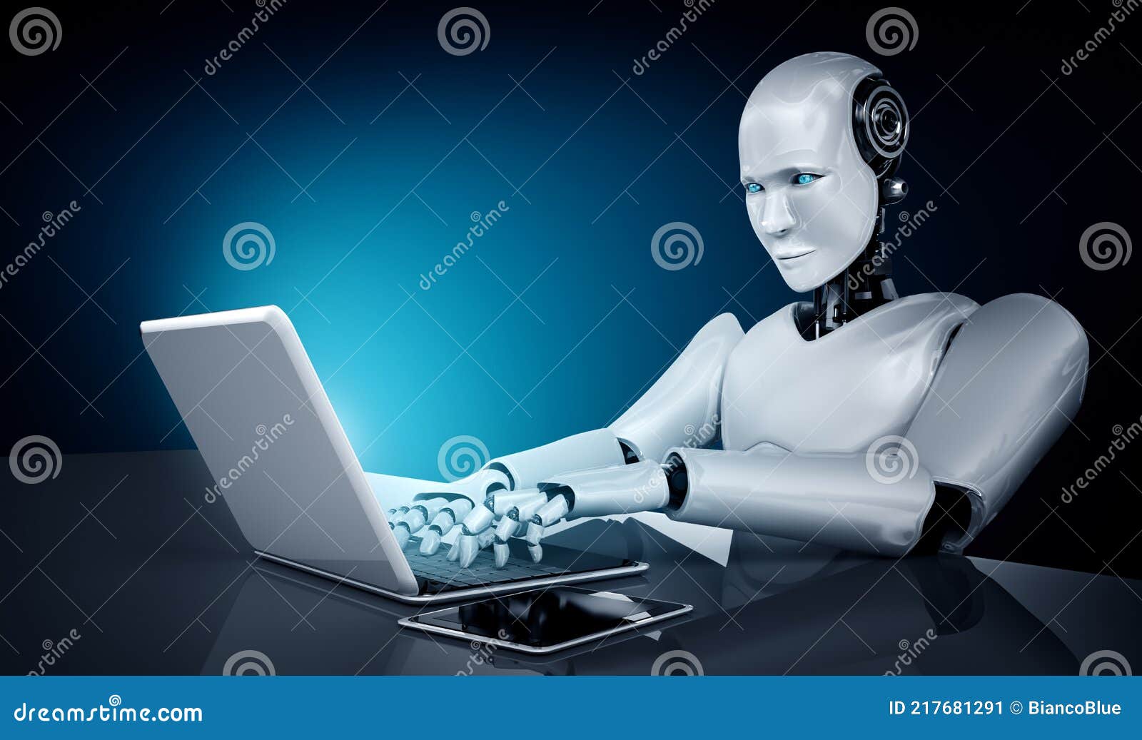 Robot Humanoid Use Laptop and Sit at Table in Future Office Stock ...