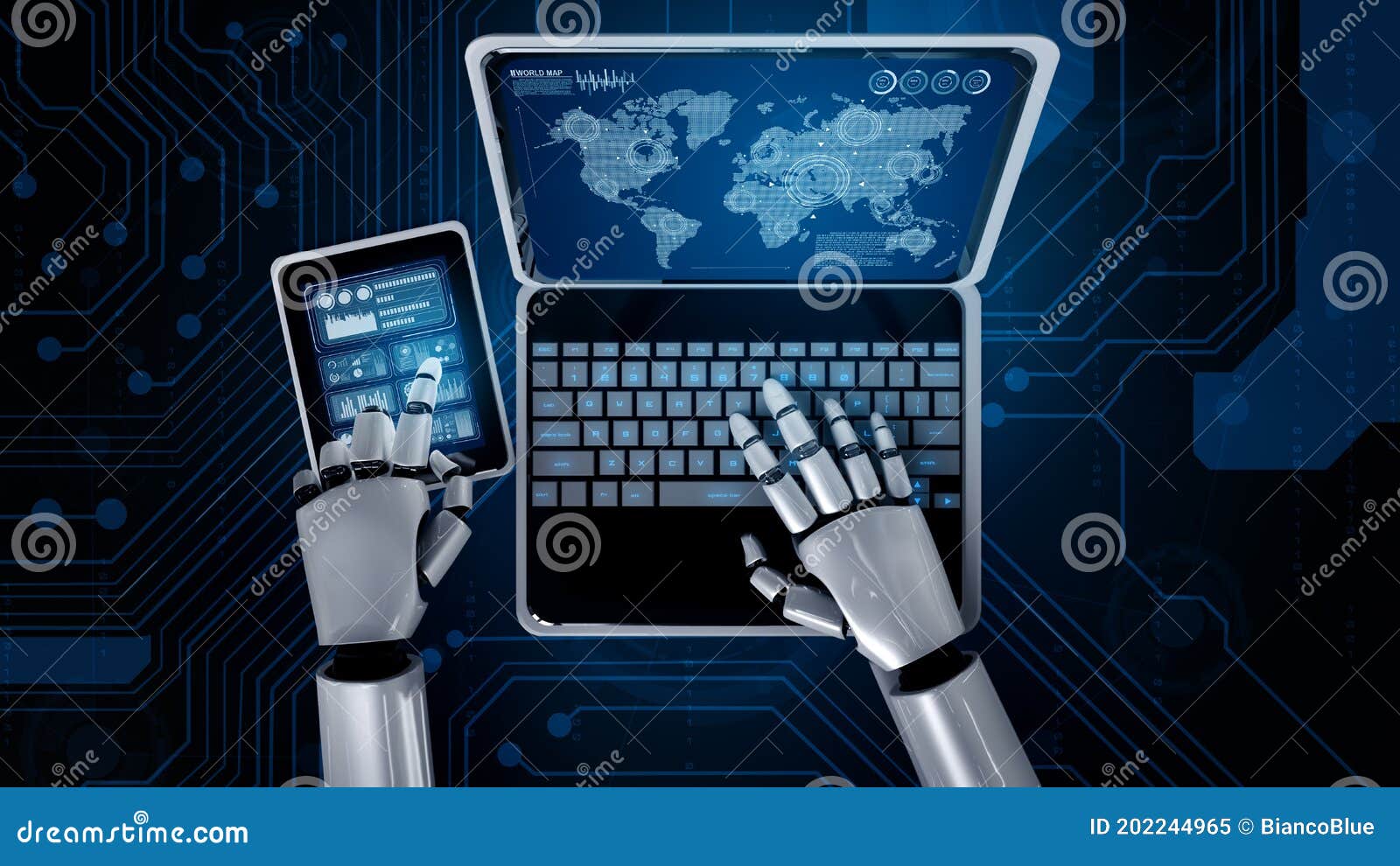 Robot Humanoid Use Laptop and Sit at Table for Global Network ...