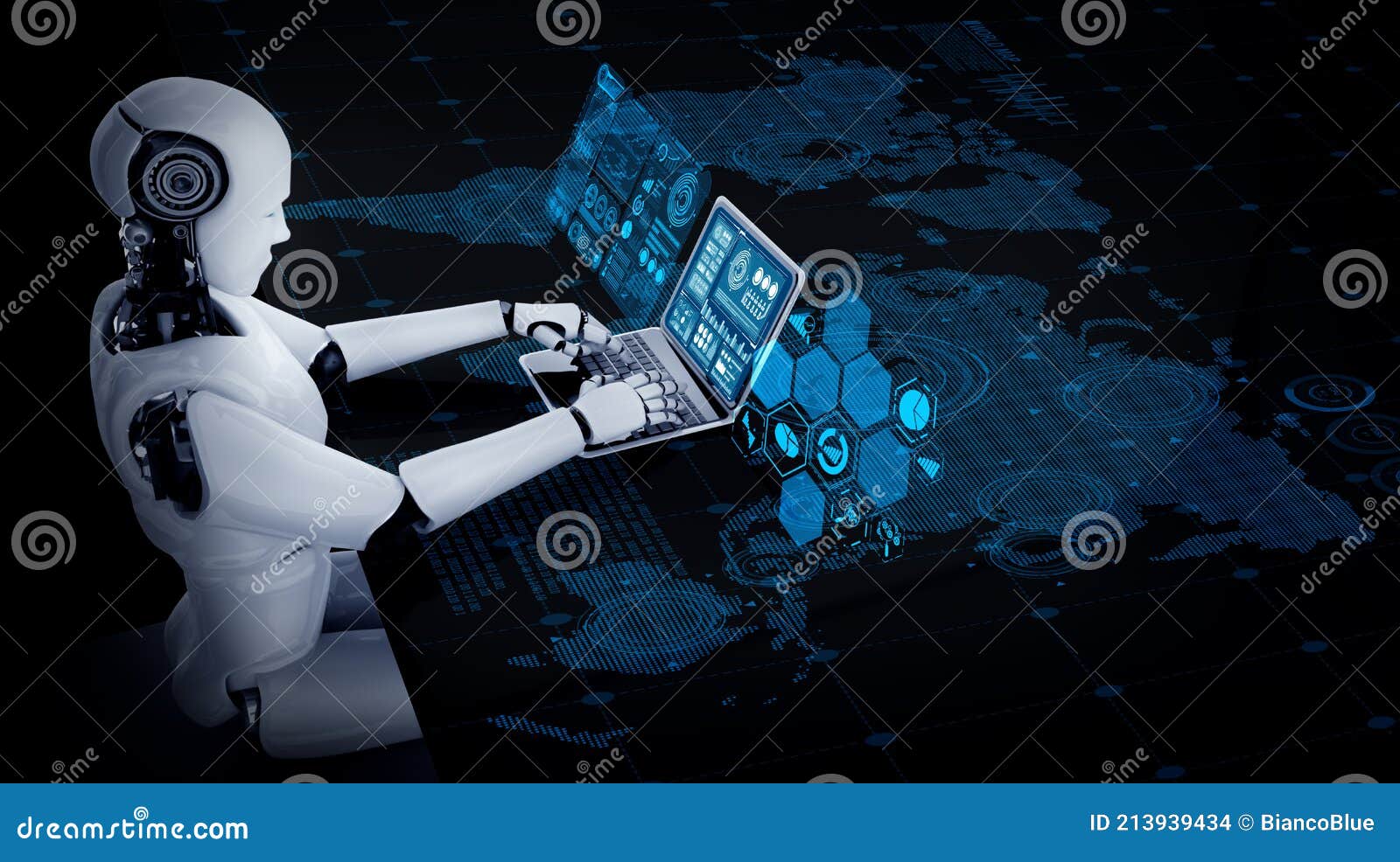 Robot Humanoid Use Laptop and Sit at Table for Global Network ...