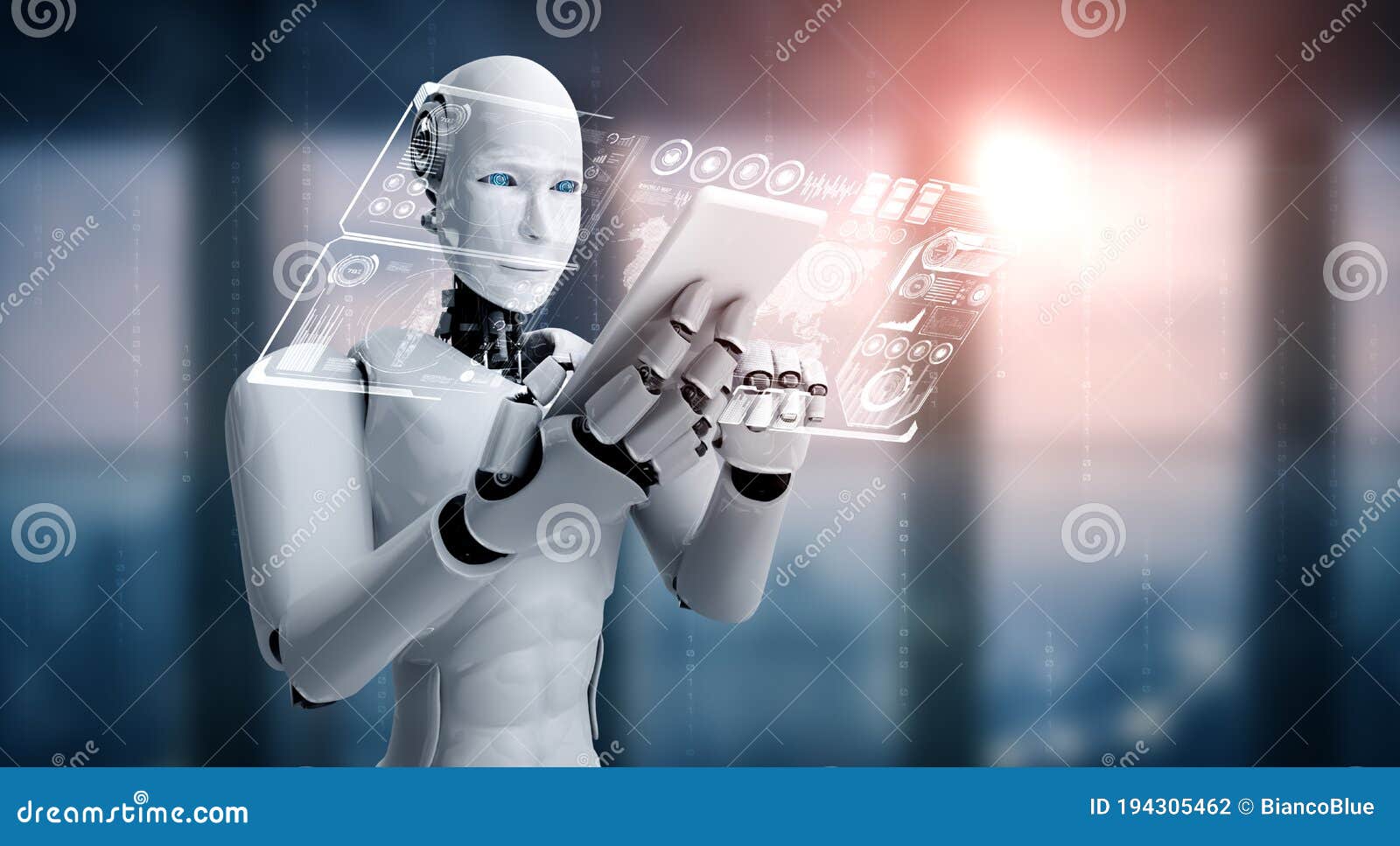 Robot Humanoid Use Mobile Phone or Tablet for Big Data Analytic Stock ...