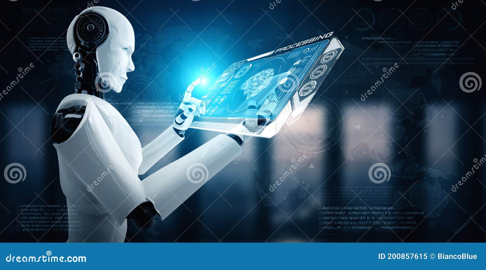 Robot Humanoid Use Mobile Phone or Tablet in Concept of AI Thinking ...