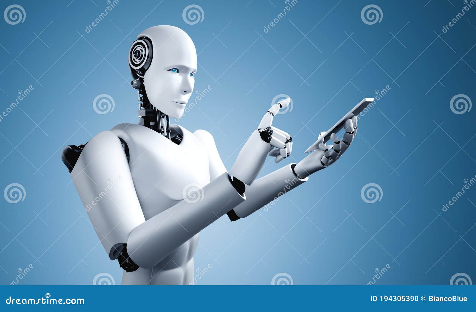 Robot Humanoid Use Mobile Phone or Tablet in Future Office Stock ...