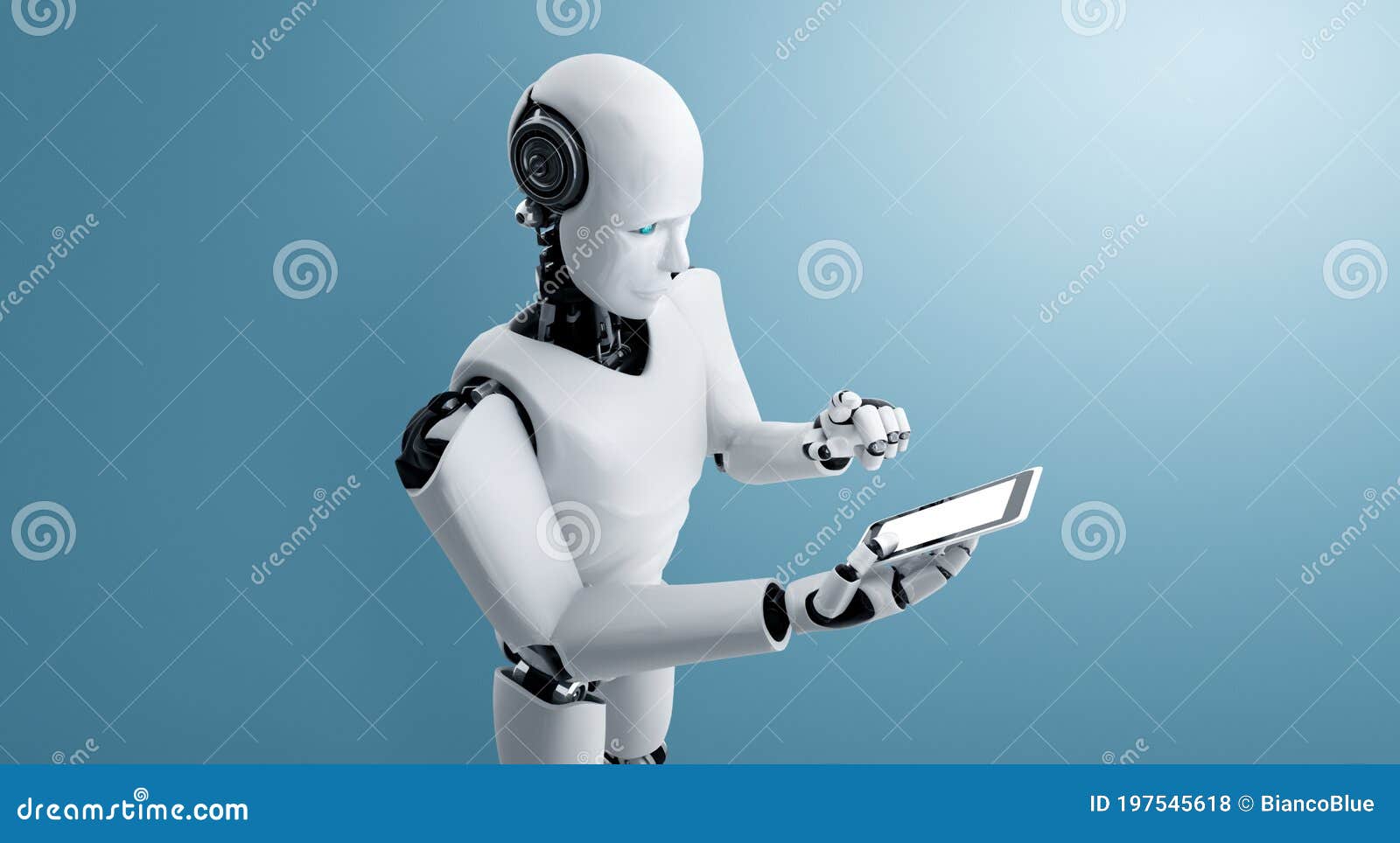Robot Humanoid Use Mobile Phone or Tablet in Future Office Stock ...