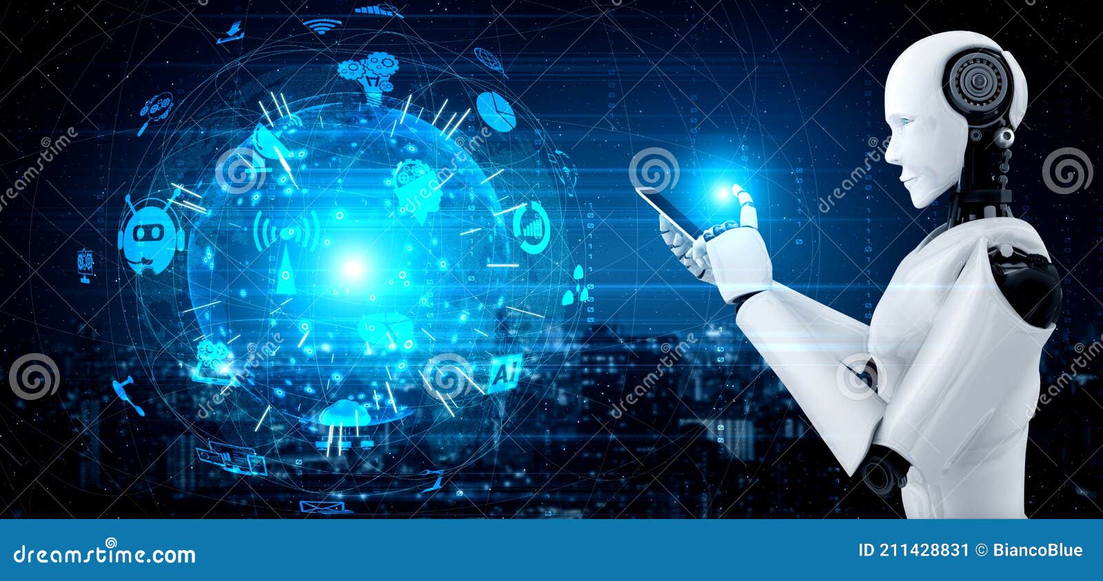 Robot Humanoid Use Mobile Phone or Tablet for Global Network Connection ...