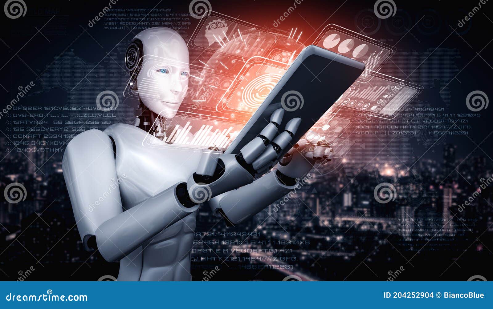 Robot Humanoid Using Tablet Computer for Big Data Analytic Stock Illustration - Illustration of ...