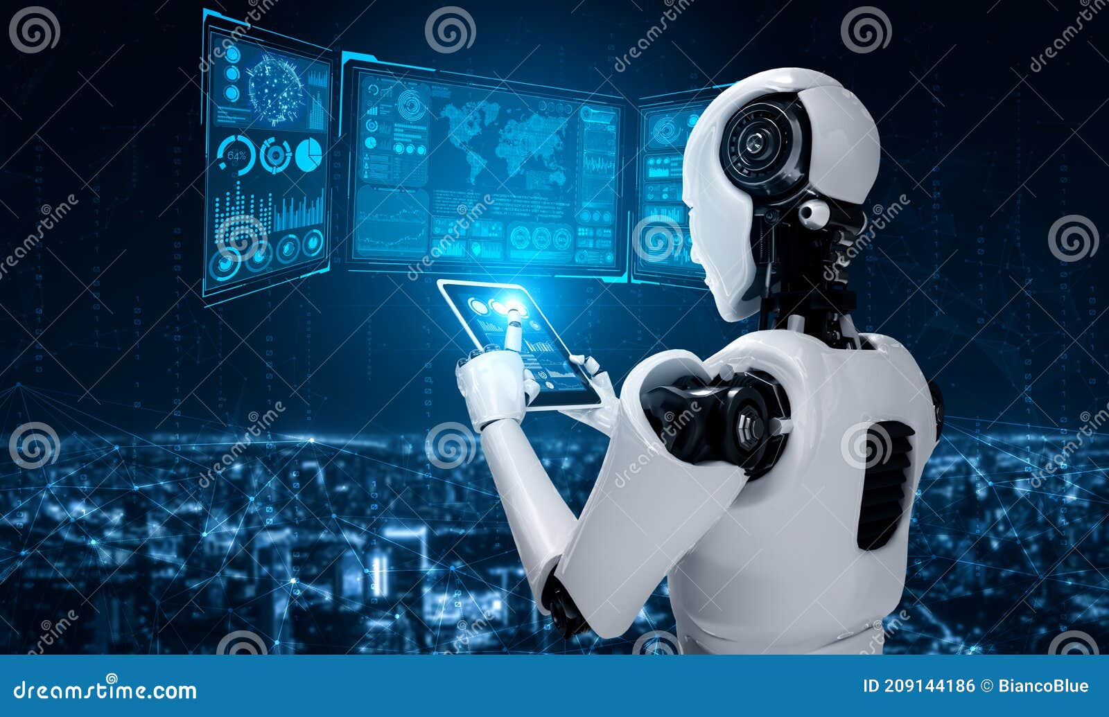Robot Humanoid Using Tablet Computer for Big Data Analytic Stock Illustration - Illustration of ...