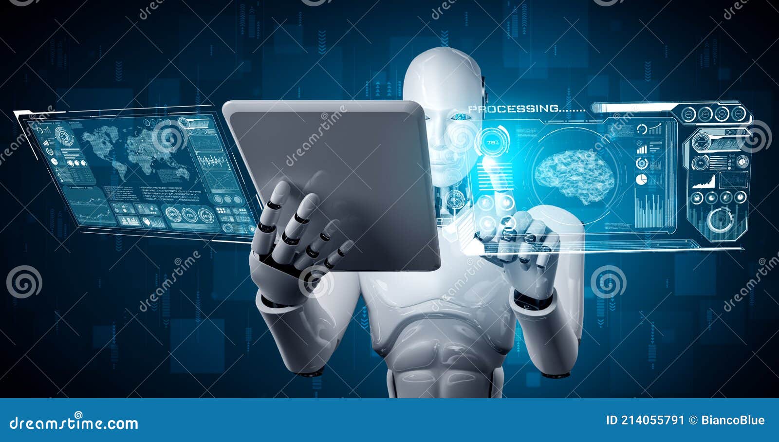 Robot Humanoid Using Tablet Computer for Big Data Analytic Stock Illustration - Illustration of ...