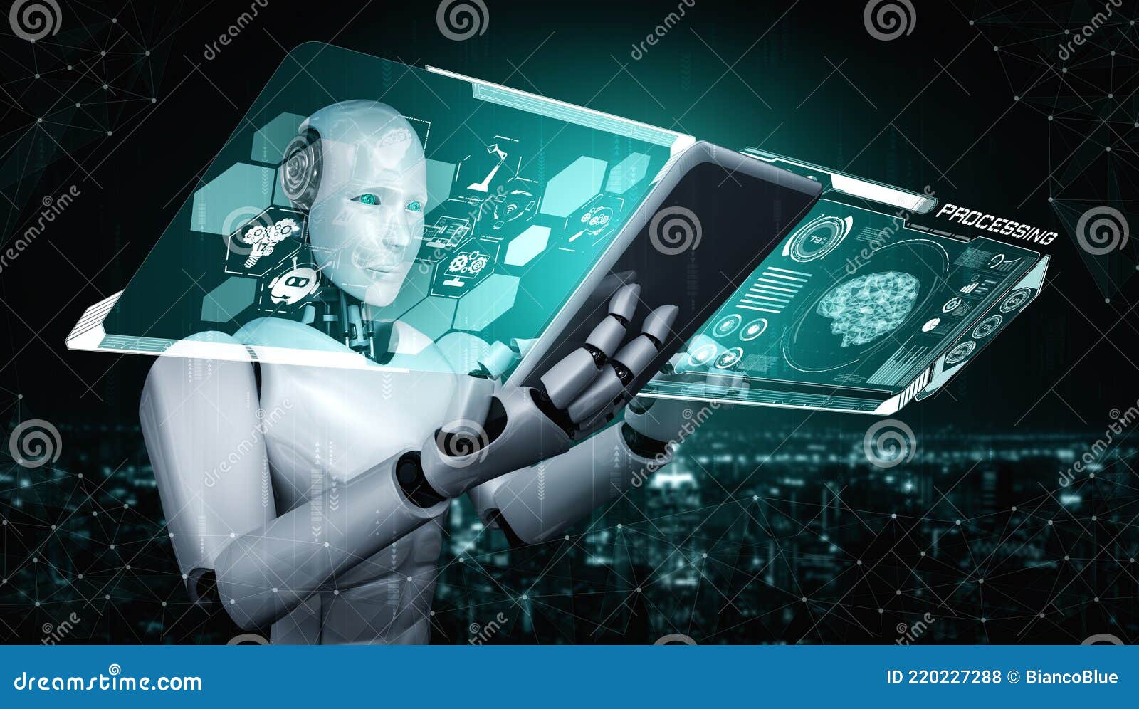 Robot Humanoid Using Tablet Computer for Big Data Analytic Stock Illustration - Illustration of ...