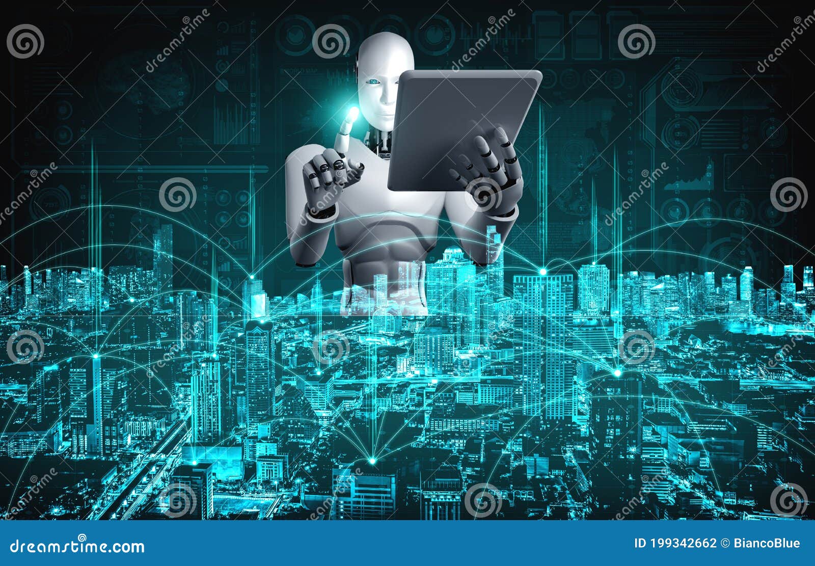 Robot Humanoid Using Tablet Computer for Global Network Connection Stock Illustration ...