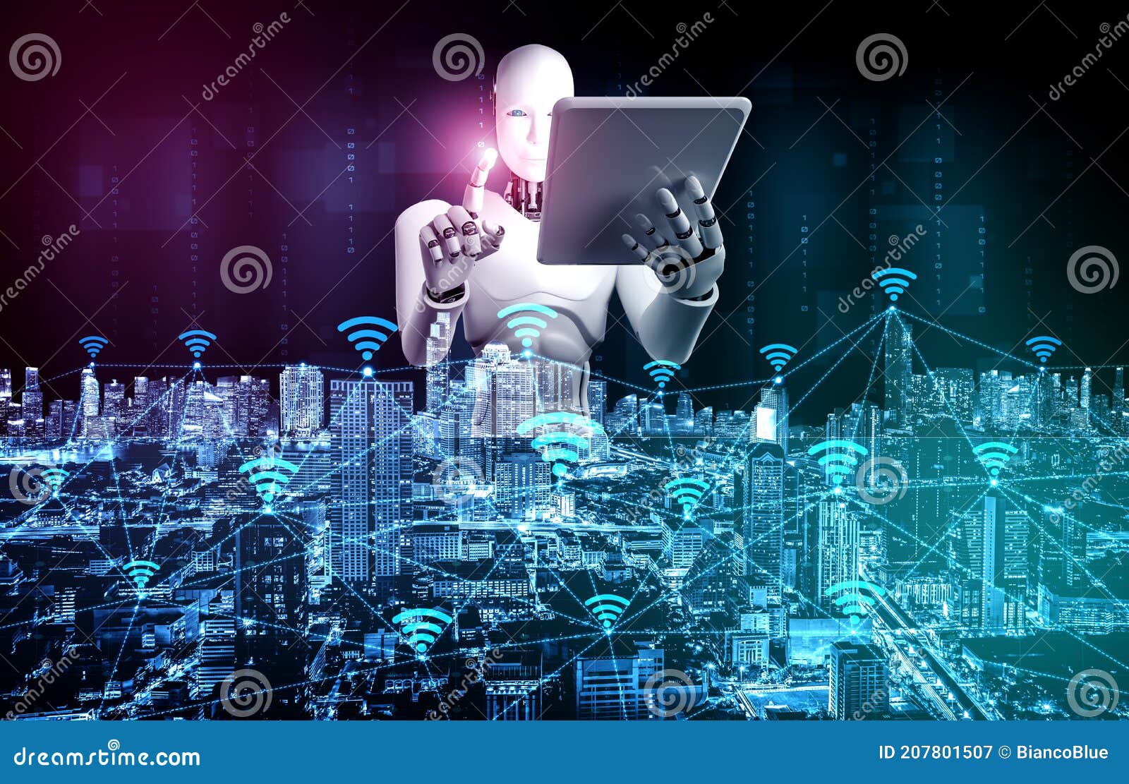 Robot Humanoid Using Tablet Computer for Global Network Connection Stock Illustration ...