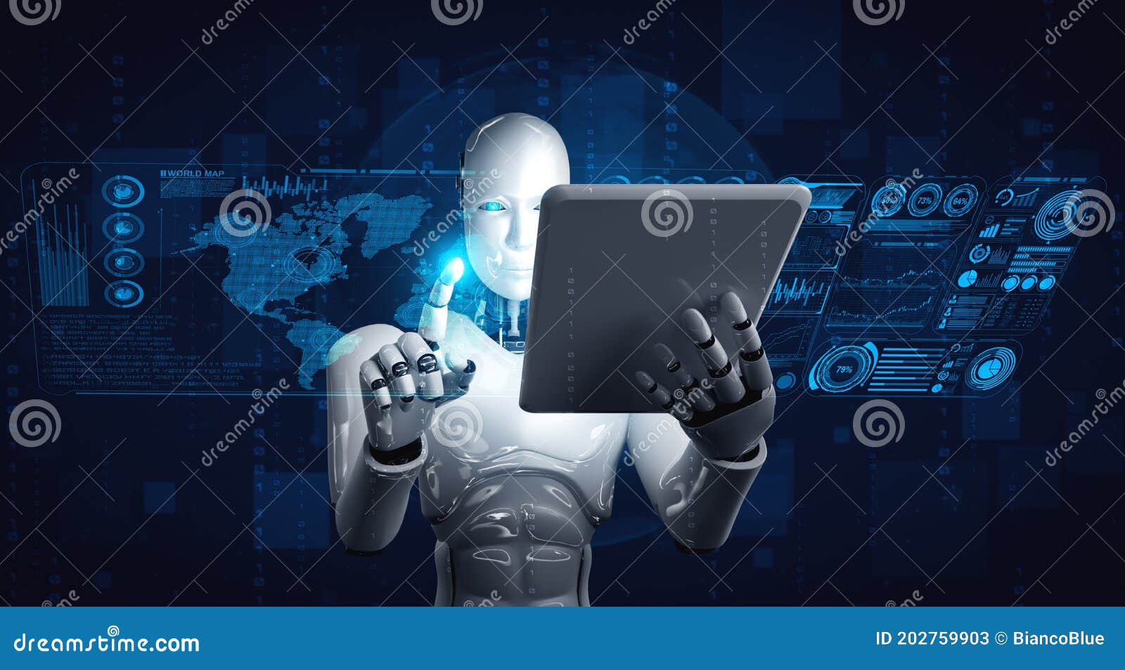 Robot Humanoid Using Tablet Computer for Global Network Connection Stock Illustration ...