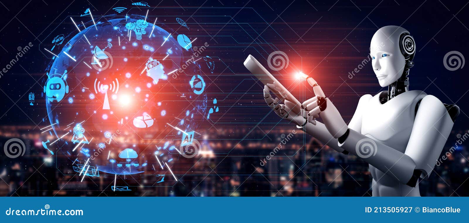 Robot Humanoid Using Tablet Computer for Global Network Connection Stock Illustration ...